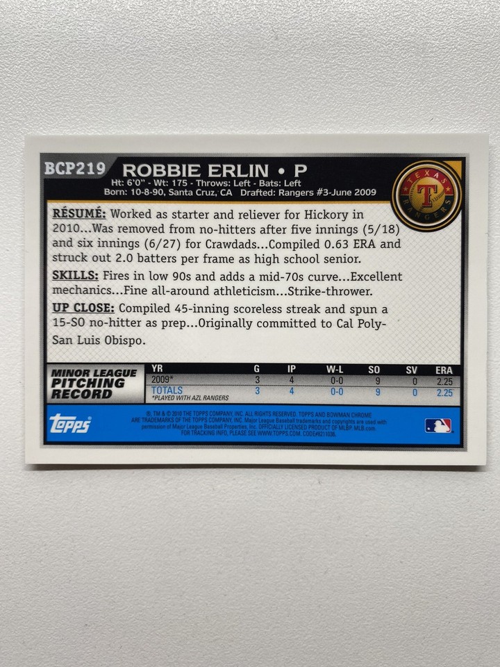 Robbie Erlin 2010 Bowman Chrome Prospect Auto BCP219 Texas Rangers | eBay
