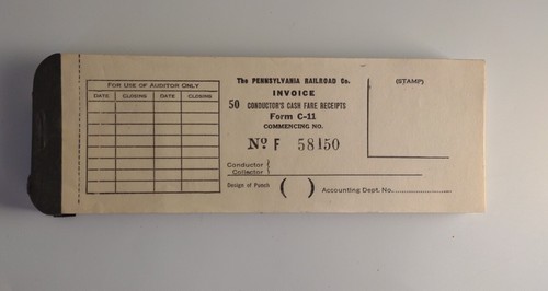 1/19/54 PENNSYLVANIA RAILROAD CONDUCTOR'S CASH FARE RECEIPTS BOOK OF 50 ...