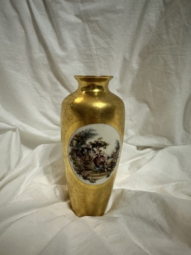 Vtg Pickard Porcelain Vase 24k Gold Coat With Courting Scene Medallion ...
