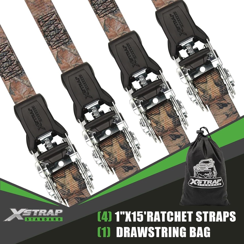 Camouflage Ratchet Tie Down Straps 4 Pack 1 x 15 Ft 630 Lbs Load Cargo ...