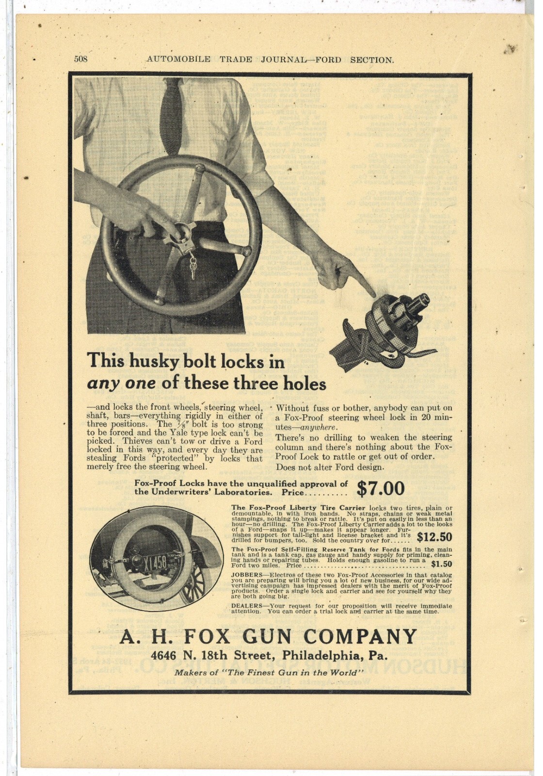 1920 A.H. Fox Gun Company Ad: Fox Proof Locks for Auto Spare Tires ...