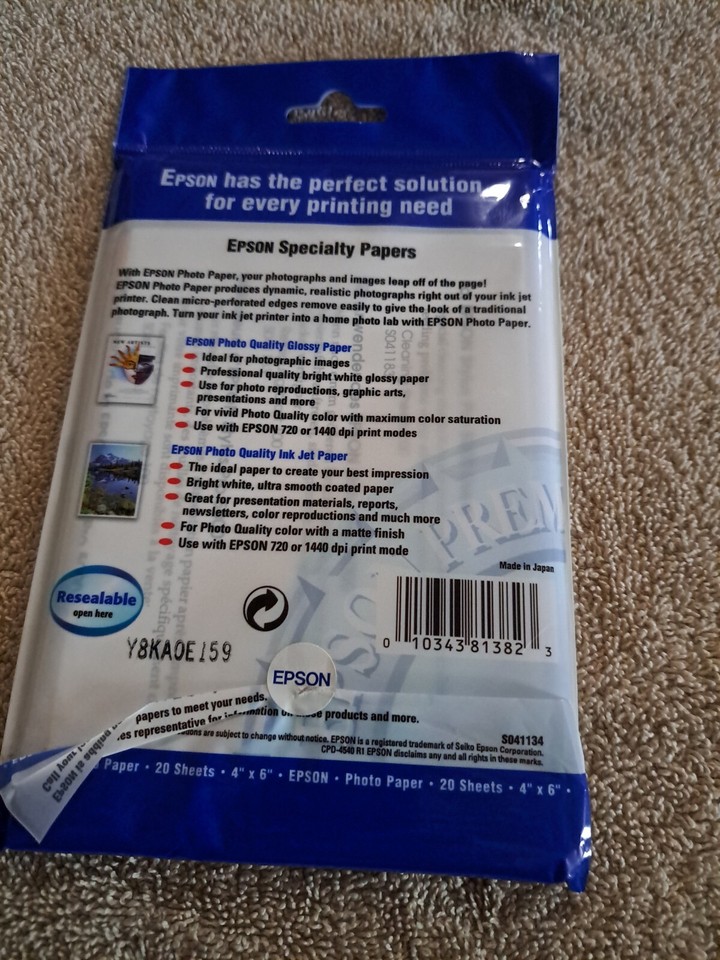 Epson Glossy Photo Paper - 20 Sheets 4" x 6" Ink Jet Printer Paper ...