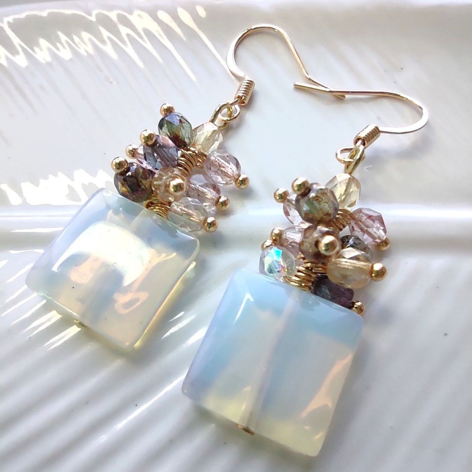 Handmade Bauble Gem / Glass / Pearl Mix Gold Tone Chandelier Earrings ...