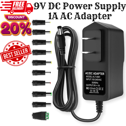 9V DC Power Supply 1A AC Adapter, 100-240V 50/60Hz to 9 Volts 1Amp ...