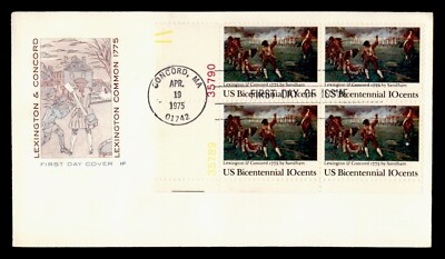 DR WHO 1975 FDC BICENTENNIAL LEXINGTON/CONCORD PLATE BLOCK FARNAM ...