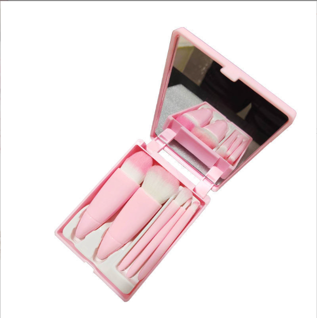 5Pcs Portable Makeup Brushes Kit with Mirror Box Mini Cosmetic Travel ...
