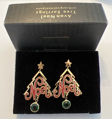 Vintage Avon Christmas Tree Noel Earring Sparkly Gold Dangle Green ...