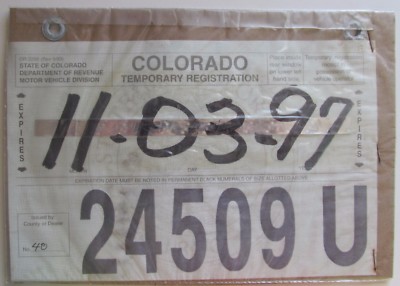 Colorado 1997 TEMPORARY REGISTRATION License Plate # 24509 U | eBay
