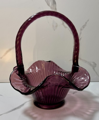 Vintage Fenton Amethyst Art Glass Basket Ribbed Optic Handled Crimped ...