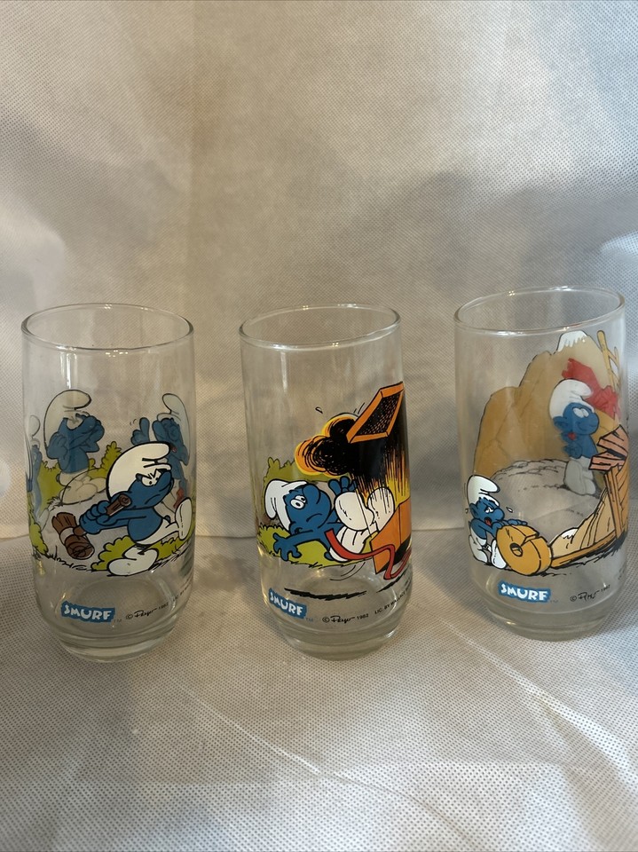 Vintage 1982 Smurfs 6" Drinking Glasses Set of 3 Brainy Jokey Hefty | eBay