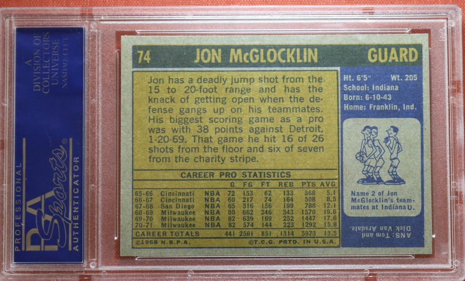 1971 Topps basketball card JON McGLOCKLIN #74 PSA 9 MINT (INCREDIBLY ...