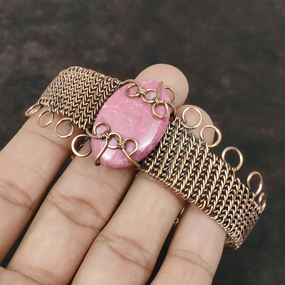 Thulite Gemstone Jewelry Copper Love Gift Wire Wrapped Cuff Adjustable ...