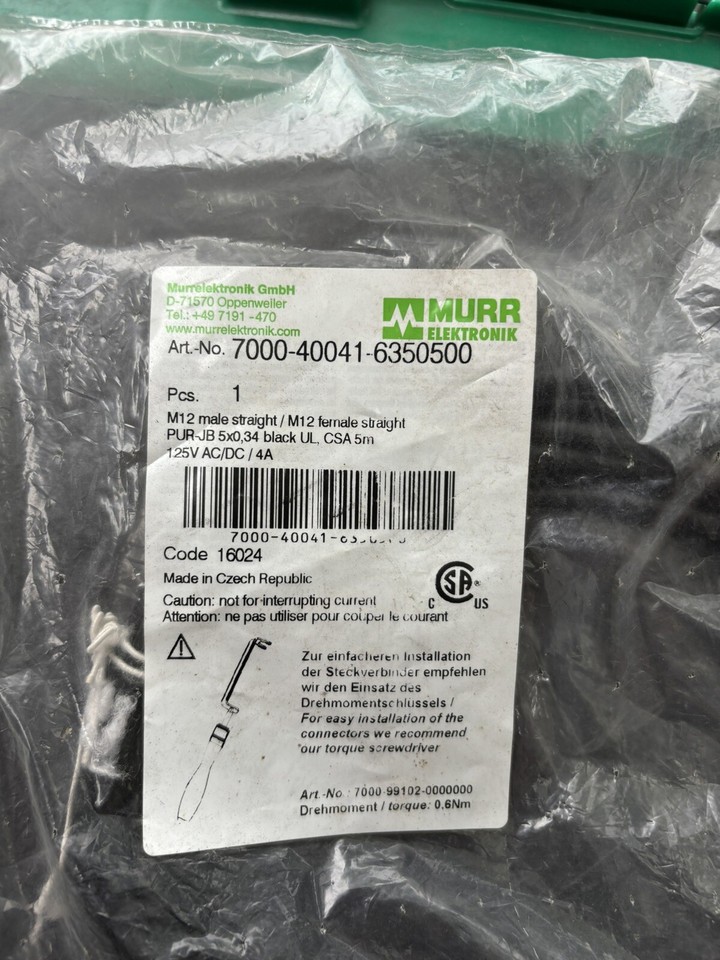 MURR ELEKTRONIK M12 CORDSET 5M 5 PIN MALE/FEMALE 7000-40041-6350500 | eBay