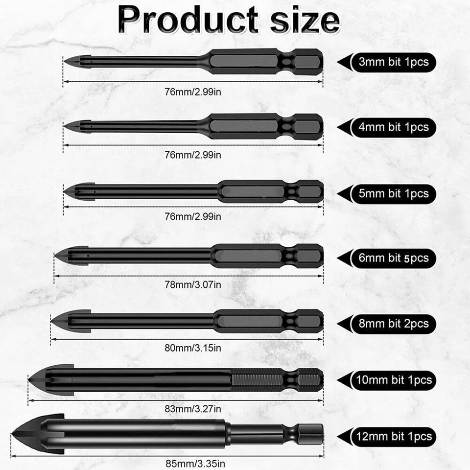 12pc Diamond Drill Bit Set 3-12mm Wall Stone Concrete Brick Masonary ...