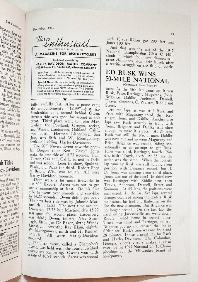1947 December The Enthusiast Motorcycle Magazine Harley-Davidson Dahlke ...