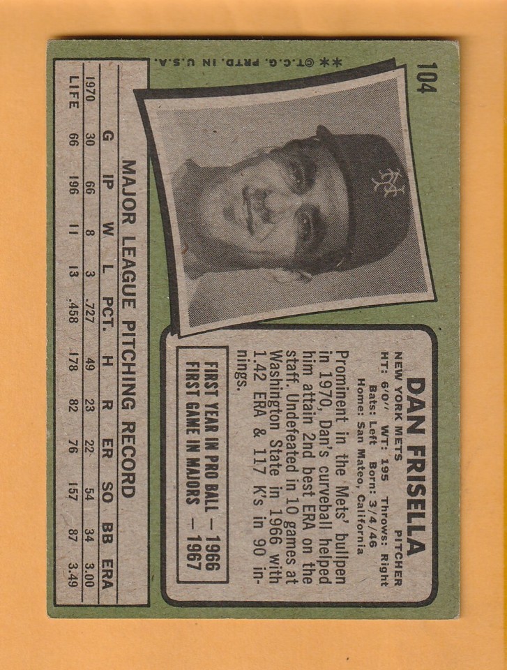Dan Frisella New York Mets 1971 Topps #104 Washington State Cougars | eBay