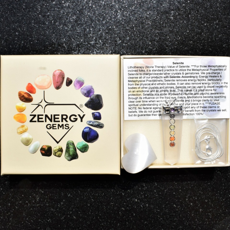 7 Chakra Selenite Flat Point Pendant + 20" Stainless Steel Chain ...