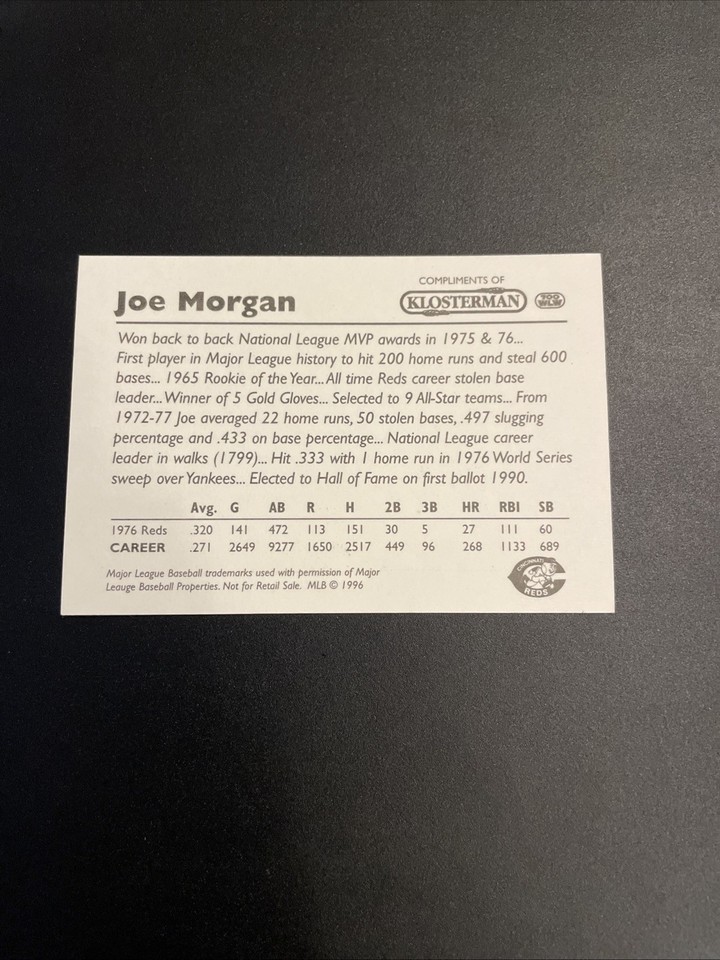 Joe Morgan 1996 Klosterman Reds Stadium Giveaway Cincinnati | eBay