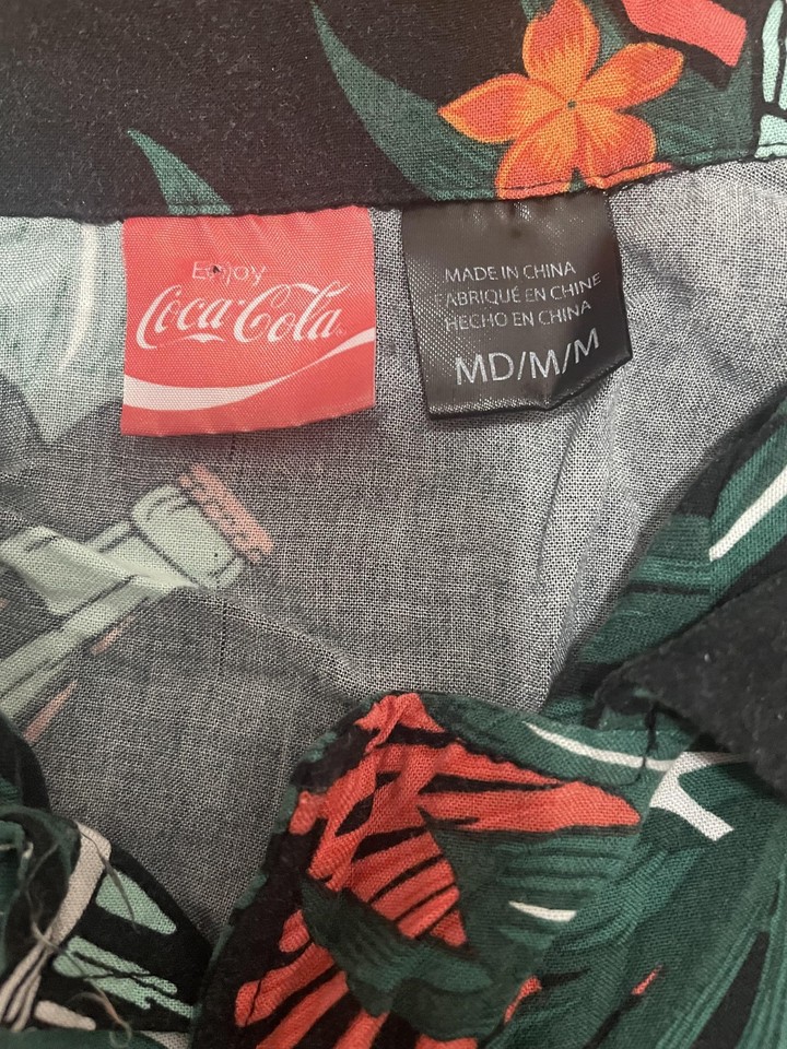 Coca-Cola Shirt Mens Medium Black Hawaiian Aloha Button Up Camp Rayon ...