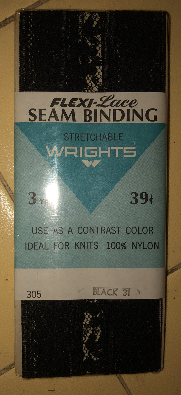 1969 *Sealed* Stretch Seam Binding Wrights 3 Yards Black 31 Flexilace ...