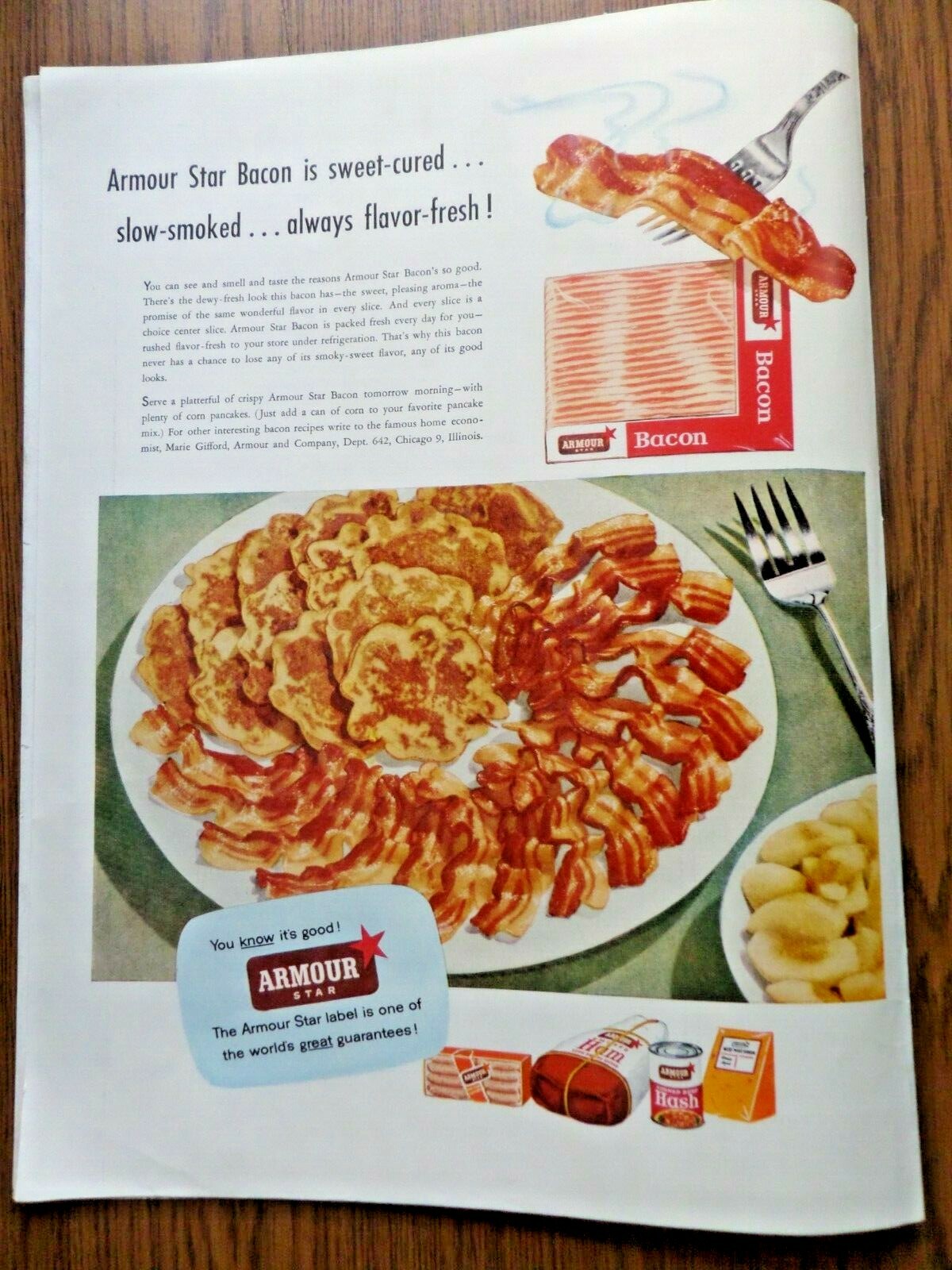 1954 Armour Star Bacon Ad Sweet-Cured Slow-Smoked Always Flavor-Fresh ...