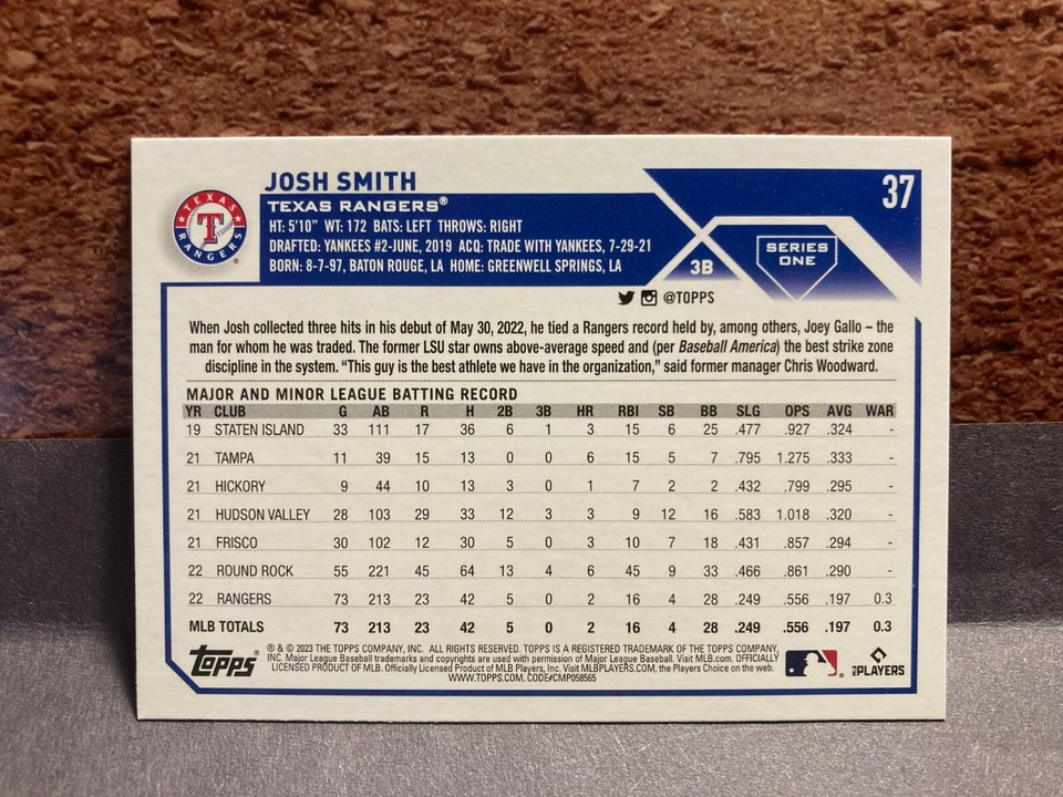 2023 Topps #37 Josh Smith Baseball Card Texas Rangers Rookie RC | eBay
