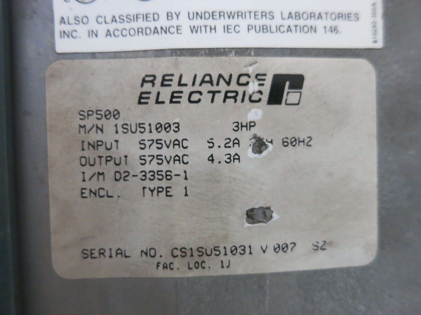 Reliance Electric 1SU51003 3HP SP500 AC VS Drive 3 HP 575V 3PH 5.2A 5.2 ...
