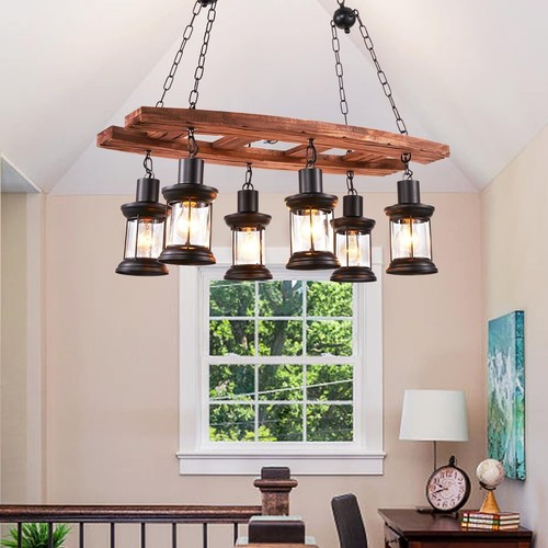 Wood Ladder Pendant Light Rustic 6-Light Chandelier Hanging Ceiling ...