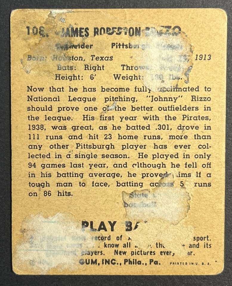 1940 Play Ball Johnny Rizzo #108 Low Grade Paper Loss On Back ...