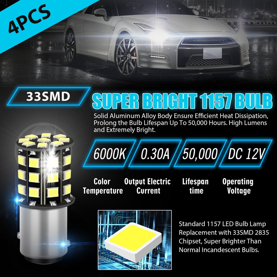 4Pcs 1157 LED Tail Brake Stop Reverse Parking Turn Signal Light Bulb ...