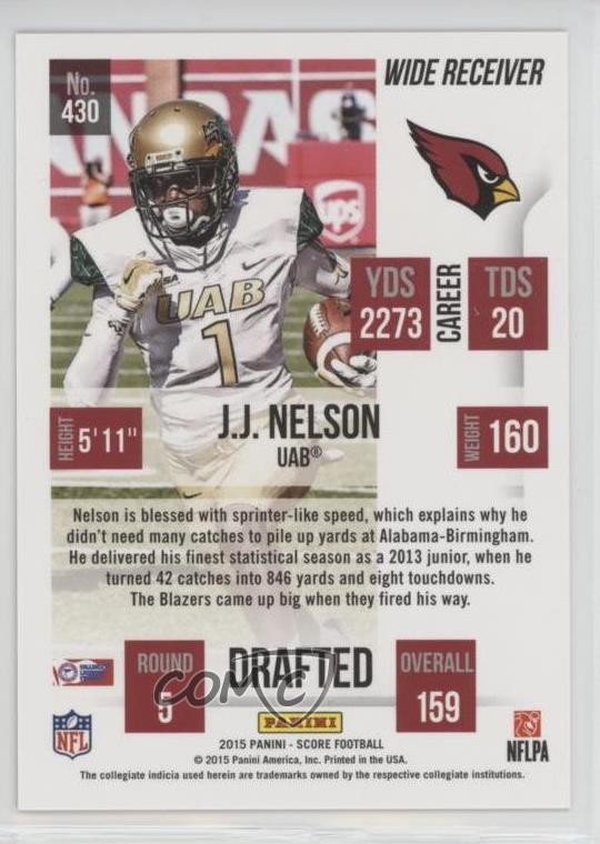 2015 Score Rookie First Down /10 JJ Nelson #430 Rookie RC | eBay