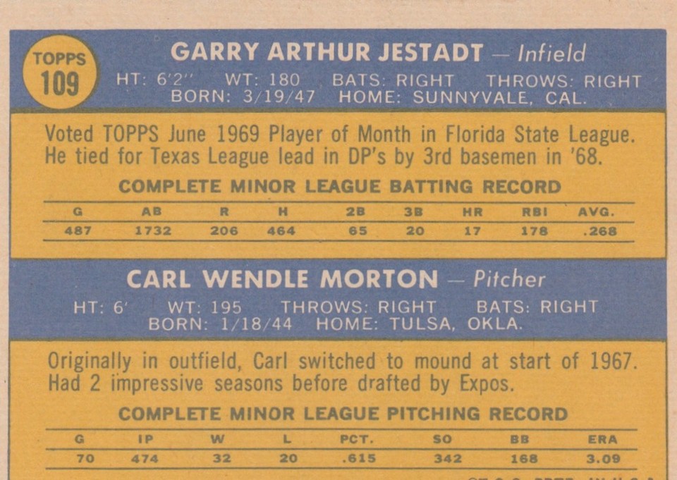 1970 Topps Garry Jestadt Carl Morton Montreal Expos Rookies #109 ...