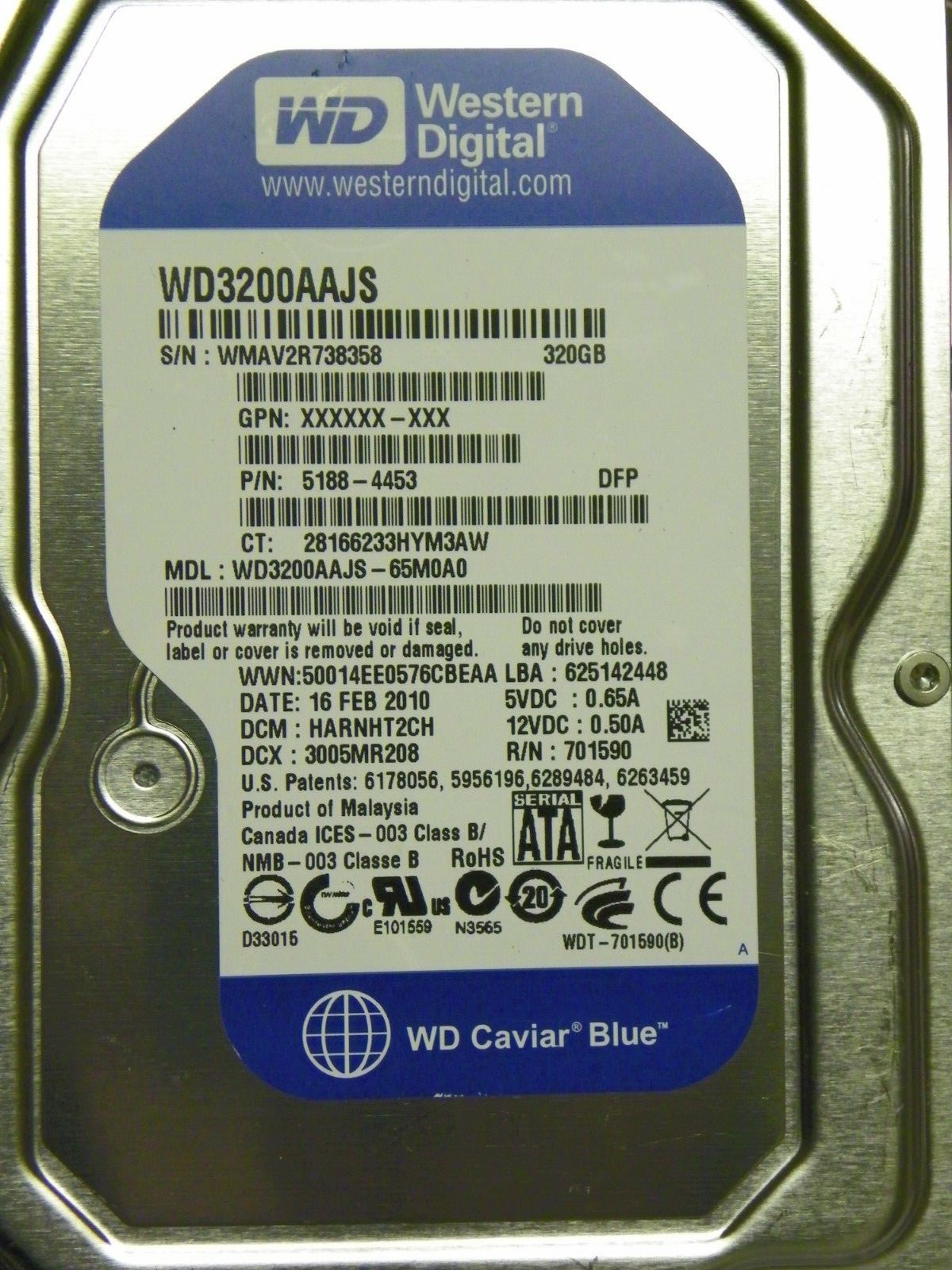 Western Digital WD3200AAJS-65M0A0 P/N 5188-4453 320GB 3.5" SATA Hard ...