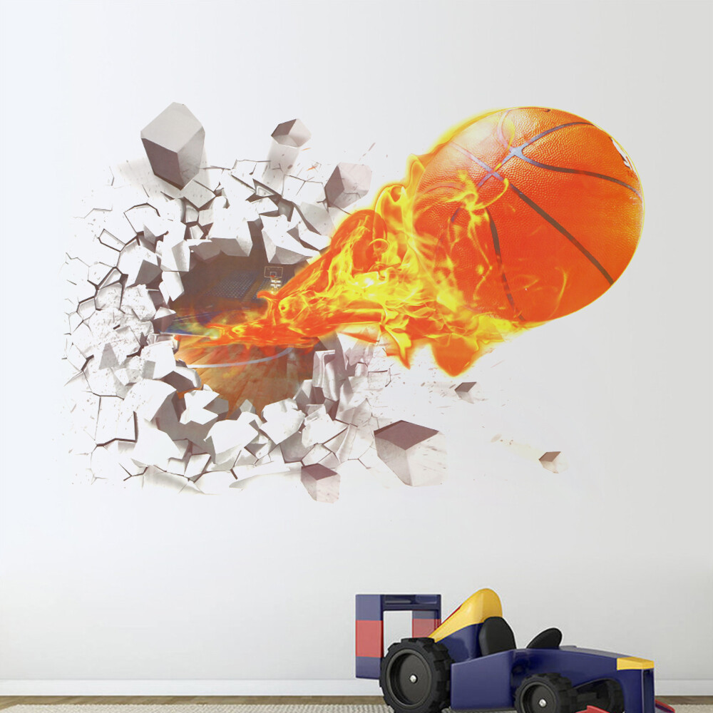 3D Basketball Wall Sticker Removable Flying Fire Basketball Wall Art ...