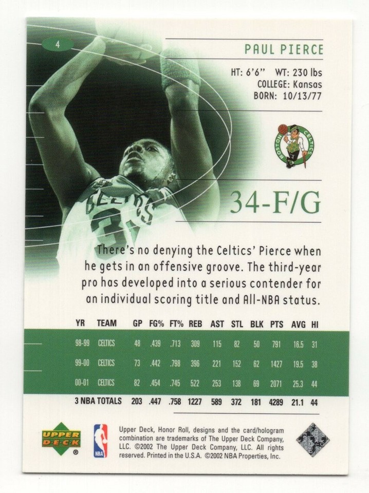 2001-2002 Upper Deck Honor Roll Basketball #4 Paul Pierce Card | eBay