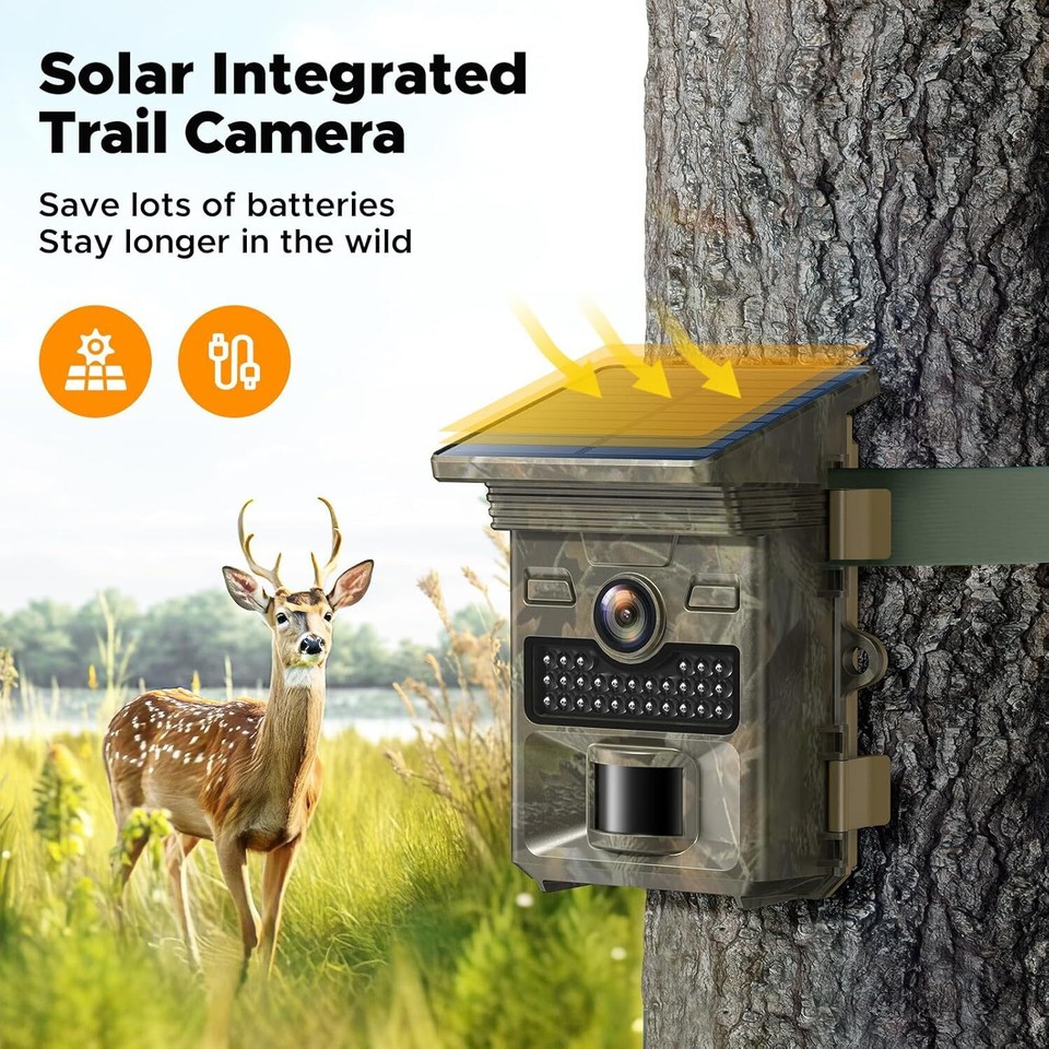 Solar Trail Camera 4K 48MP Battery Powered Wildlife Hunting Game Cam ...