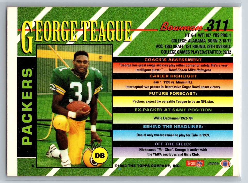 1993 Bowman George Teague Rookie Green Bay Packers RC #311 | eBay
