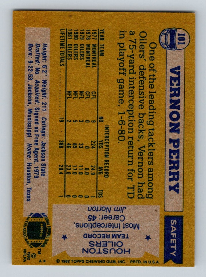 1982 Topps Vernon Perry #101 Houston Oilers | eBay