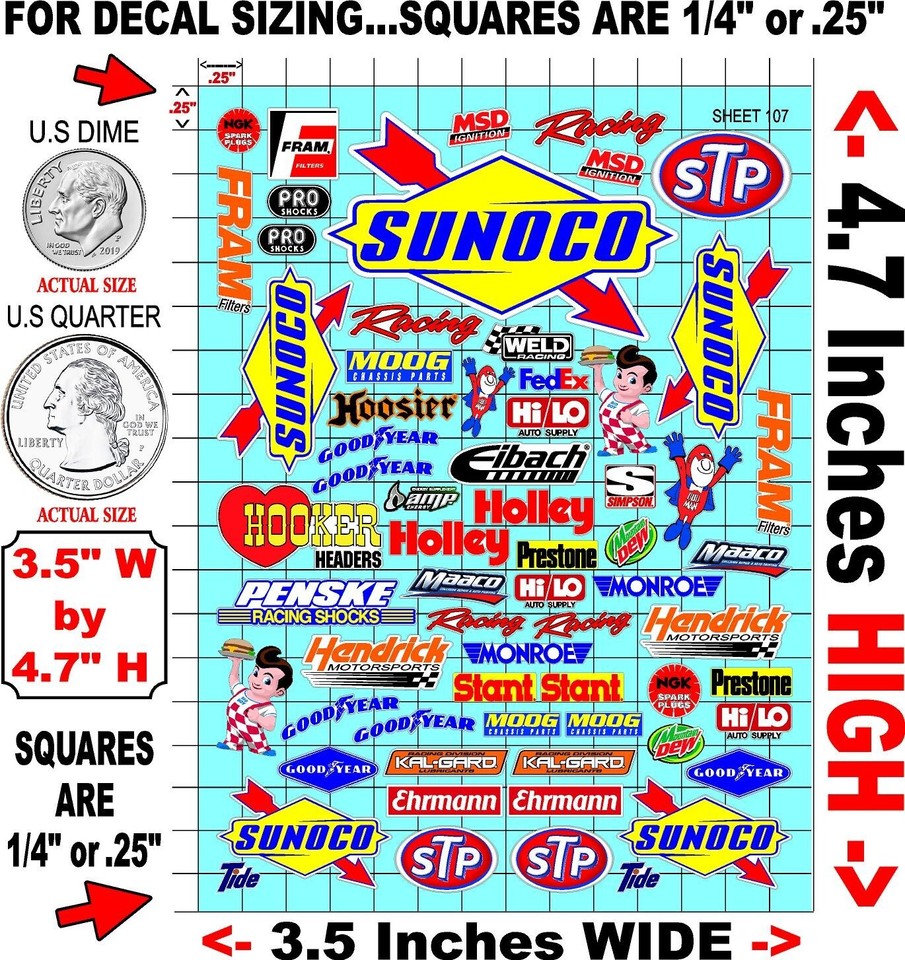 CLEAR VINYL Sticker Sheet 107 Sunoco Decal 1/24-1/16 Scale DIE CUT PEEL ...