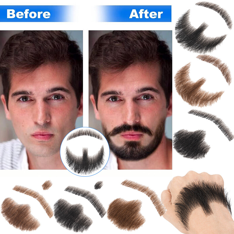 100% Human Hair Mens Fake Beards Realistic Facial Hair Full Lace False ...
