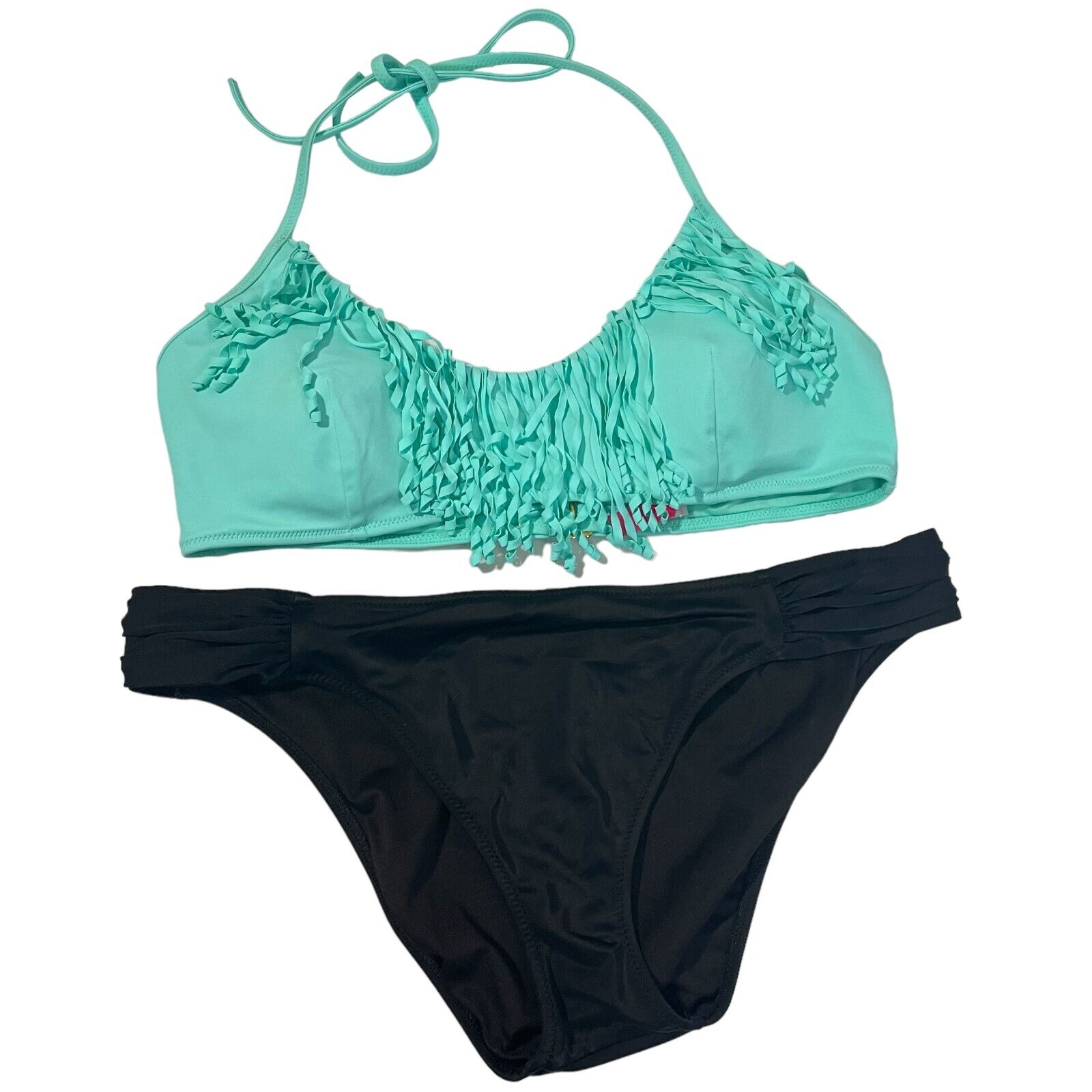 Victorias Secret Swim Fringe Halter Black Ruched Sid… Gem