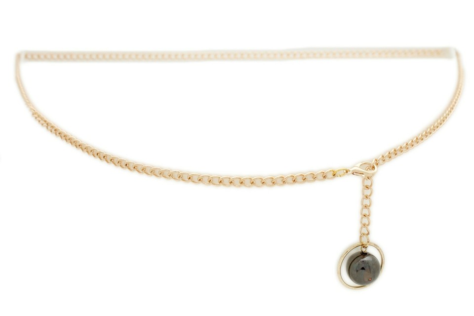 Fun Women Gold Metal Chain Links Waistband Fashion Belt Pewter Ball ...