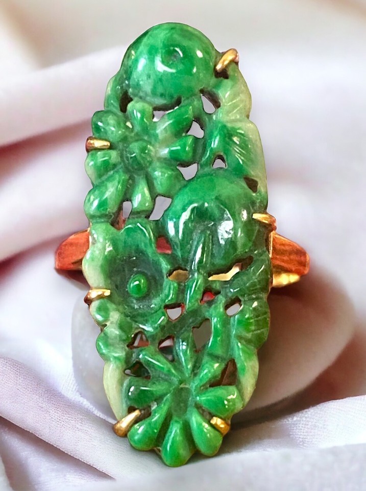 Vintage 18k Yellow Gold Large Oval Carved Jade Flower Ring Size 5.25 ...