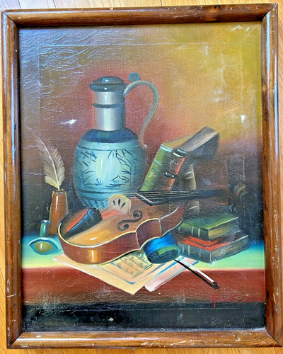 original Frank Lean STILL LIFE retro 1970s oil painting violin viola ...