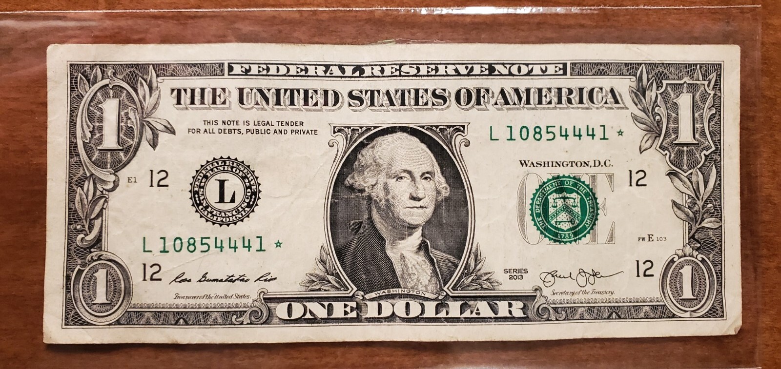 $1 Dollar Bill Star Note. Serial #L10854441⭐️. Series 2013. San Fran ...