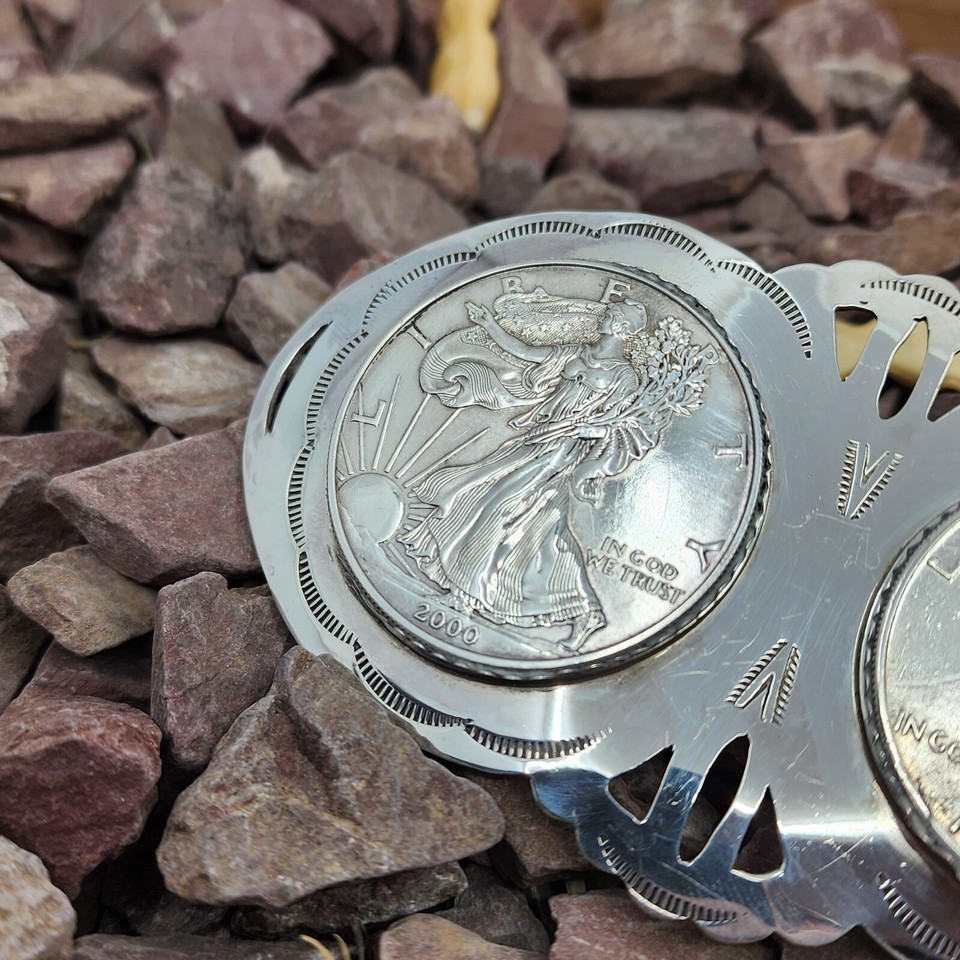 Native American Sterling Silver Double Coin Belt Buckle Morgan ...