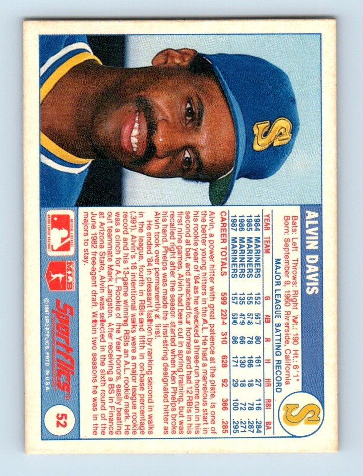 1988 Sportflics Alvin Davis Seattle Mariners #52 | eBay