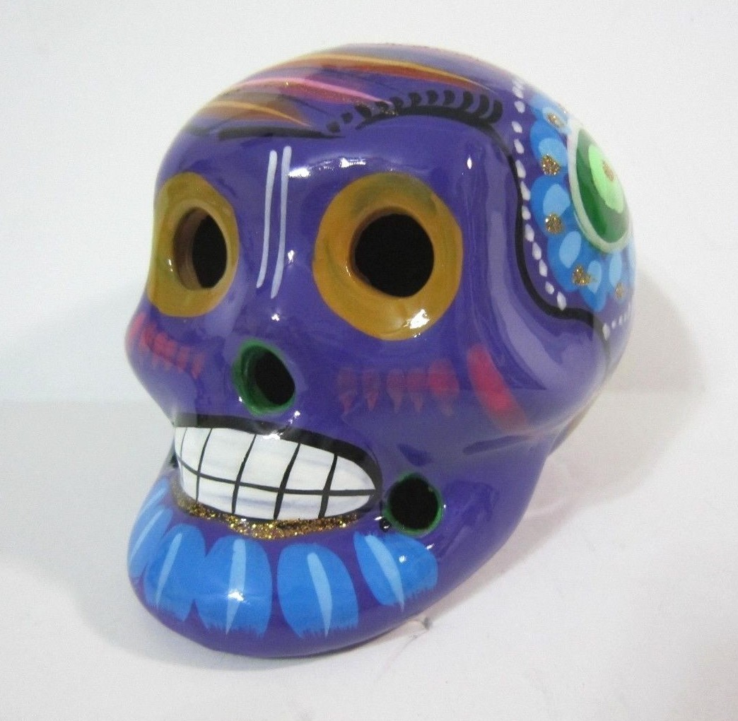 Day of the Dead Large Painted Ceramic Skull Color with Birds & Flowers ...