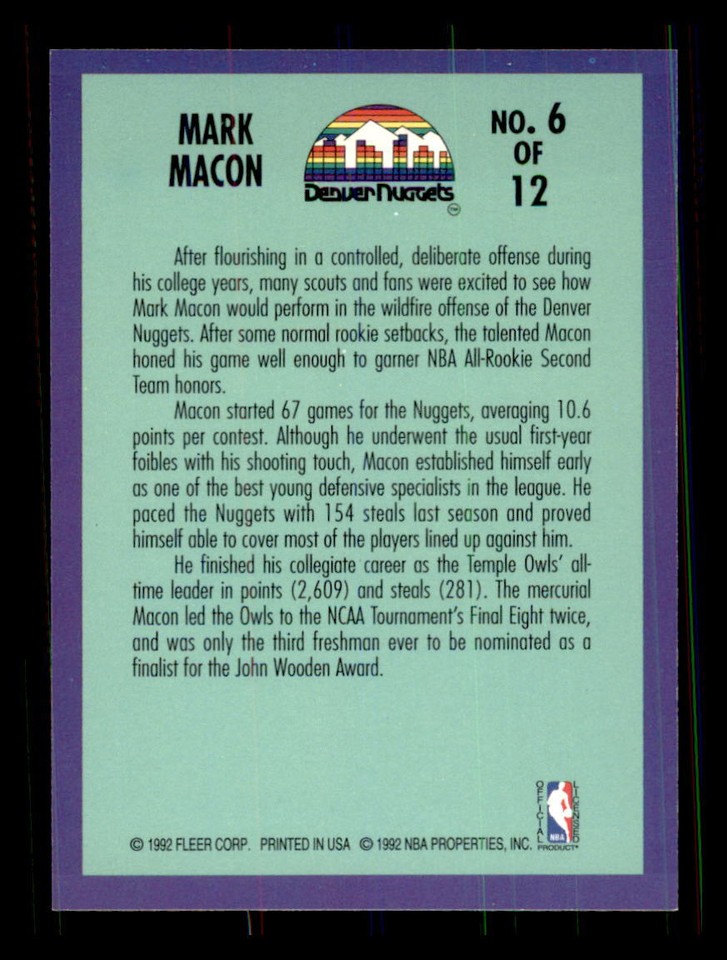 1992 Basketball Fleer Mark Macon Denver Nuggets #6 RS1 | eBay