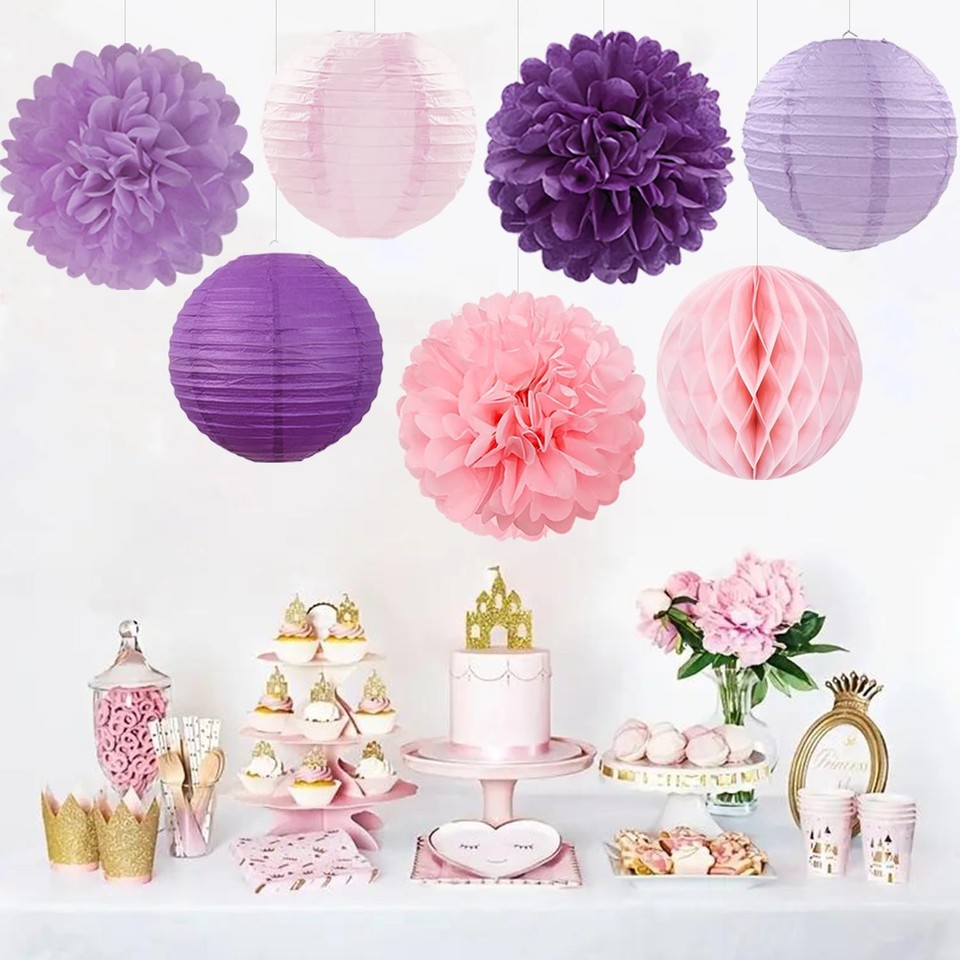 Pink Purple Paper Flowers Tissue Pom Poms Honeycomb Lanterns 15pcs ...